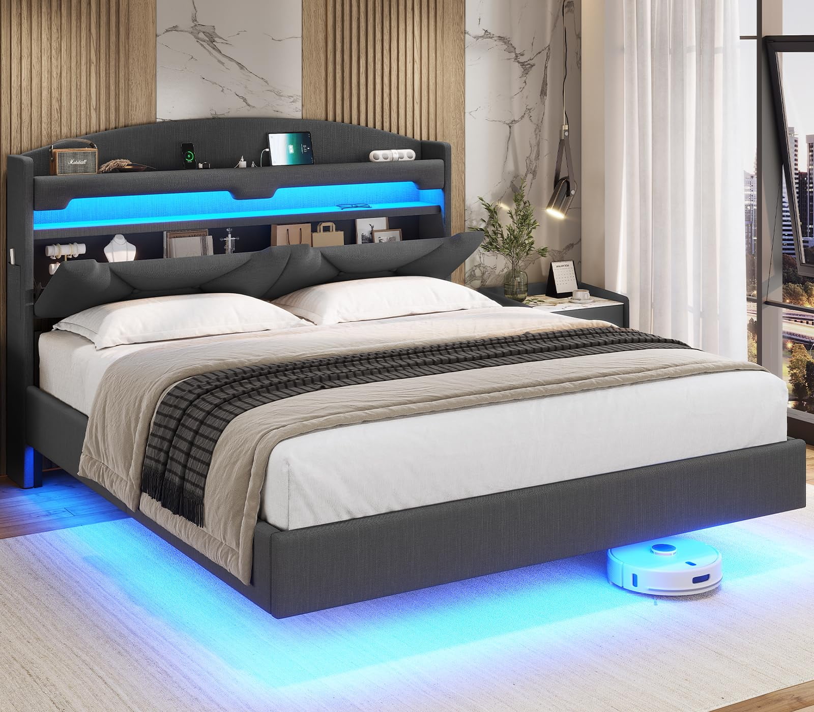 Afuhokles Queen Floating Bed Frame, Storage Headboard, LED Lights, USB ...