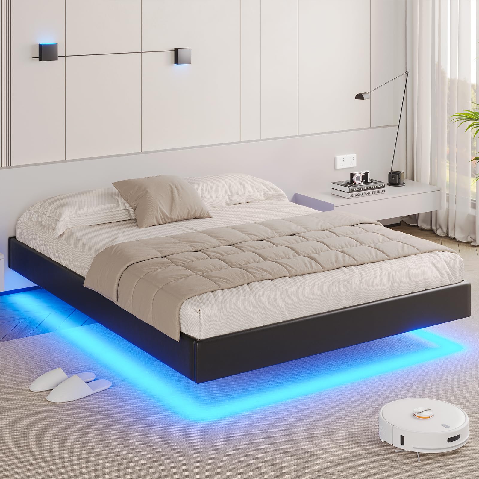 Queen Size Floating Bed Frame with LED Lights and USB Charging,Modern ...