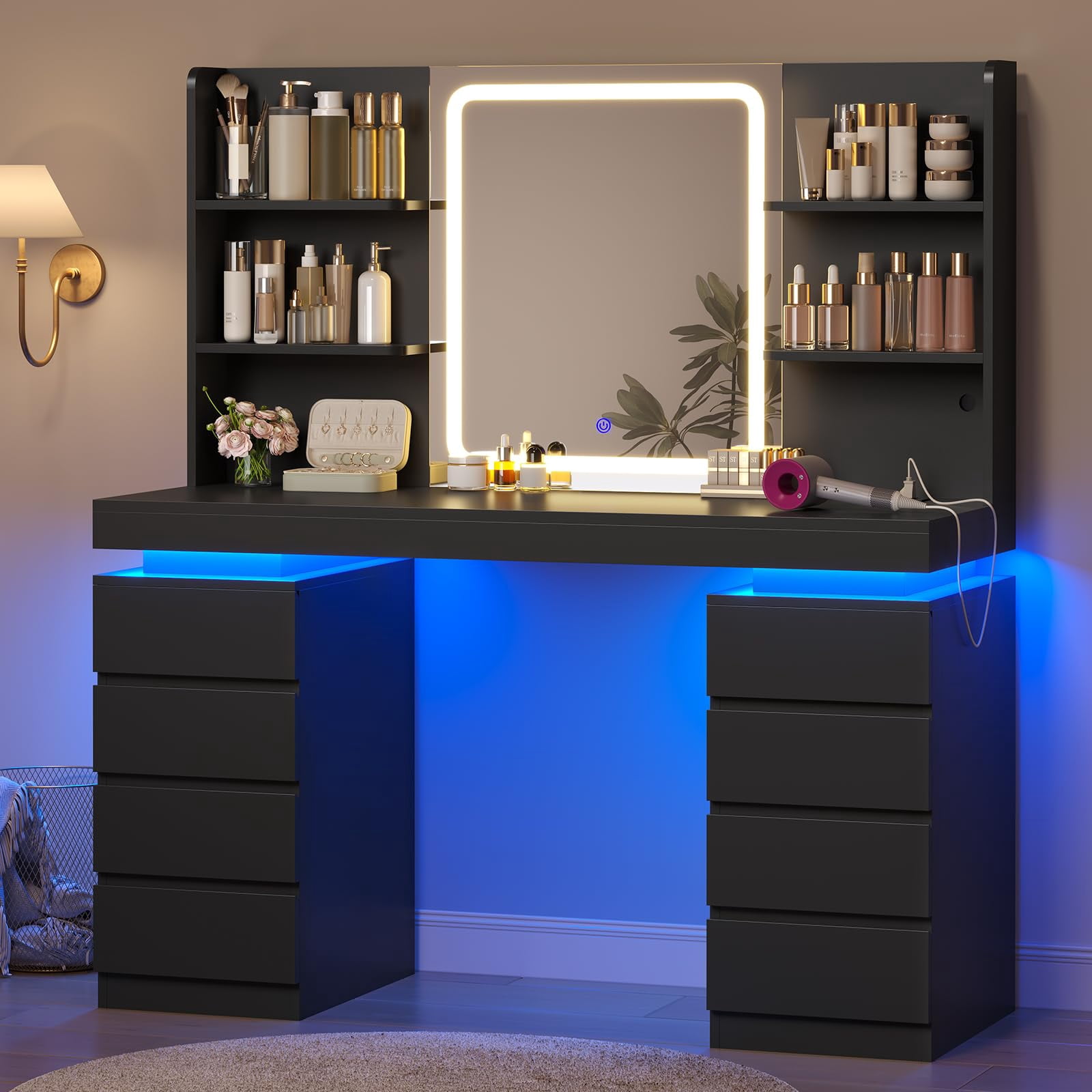 Afuhokles Floating Vanity Desk with Lighted Mirror, 8 Drawers and ...