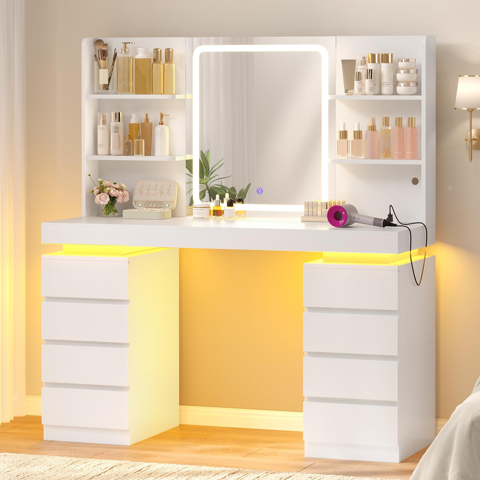 Afuhokles Floating Vanity Desk with Lighted Mirror, 8 Drawers and ...