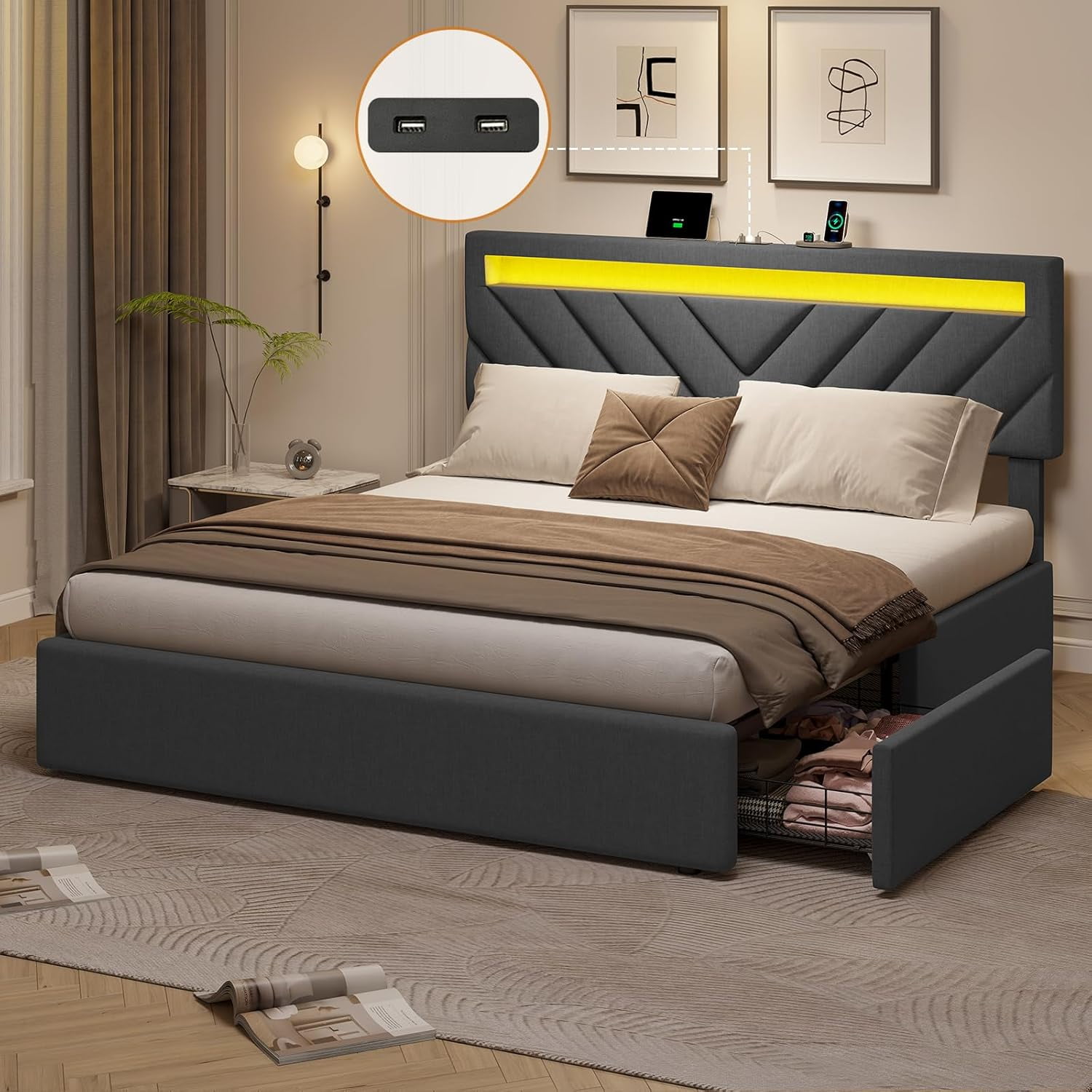 Afuhokles Dark Gray Full Bed Frame with LED, 4 Drawers, 2 USB Ports ...