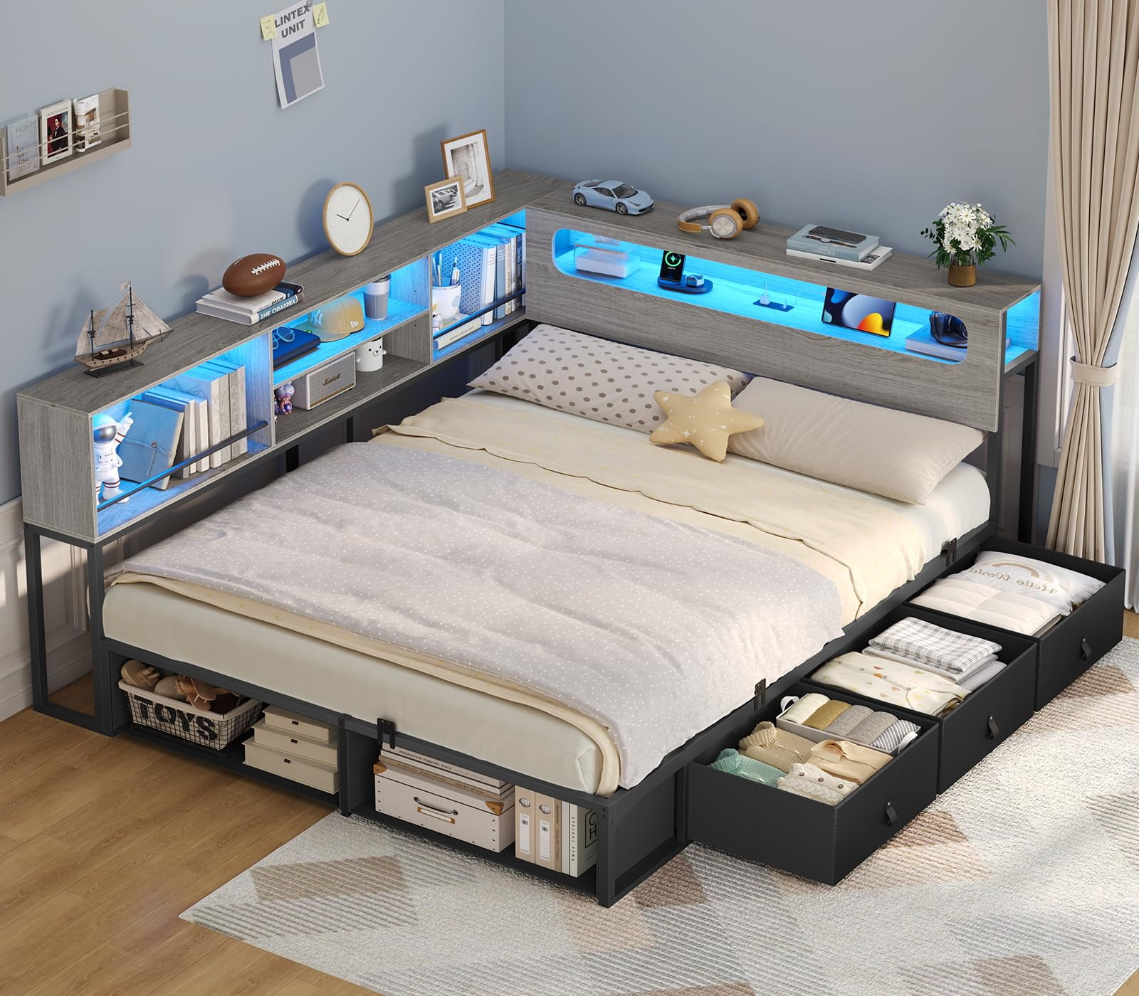 Afuhokles Full Daybed with Bookcase Storage, Corner Bed Frame with LED ...