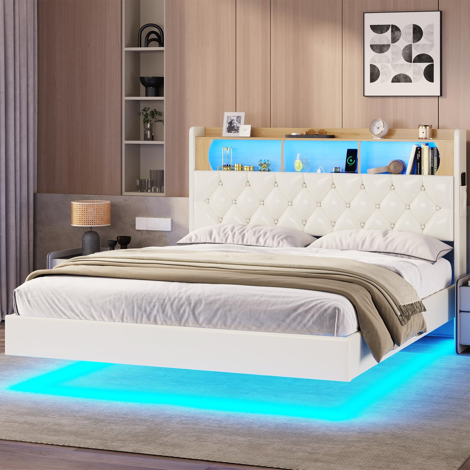 Afuhokles Full Floating Bed Frame with LED Storage Headboard, Outlets ...