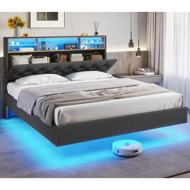 Afuhokles Full Floating Bed Frame with Storage Headboard and LED Lights ...