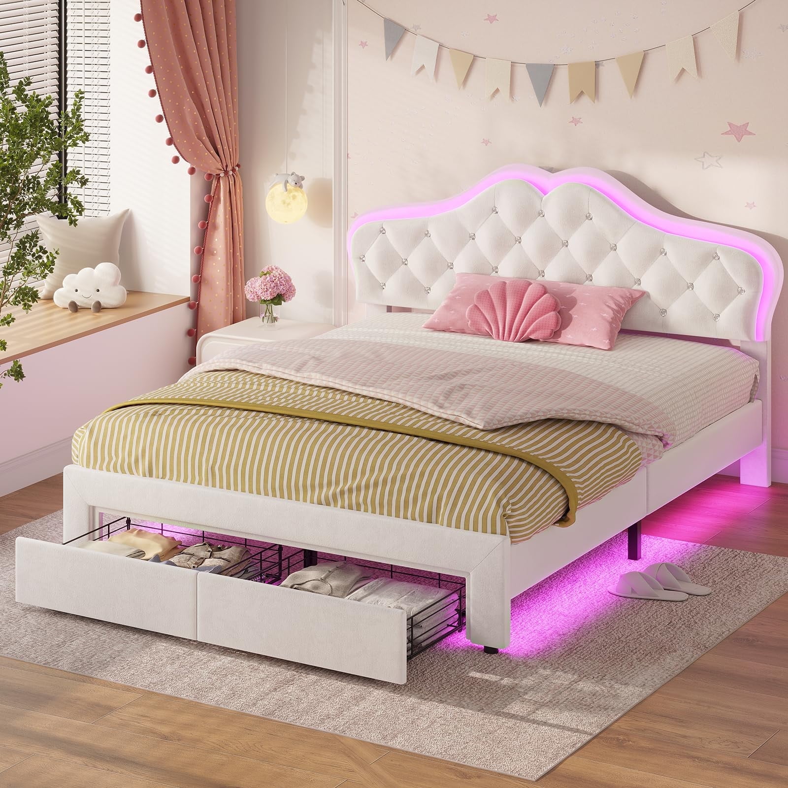 Afuhokles Full Size Bed Frame with LED Lights and 2 Drawers ...