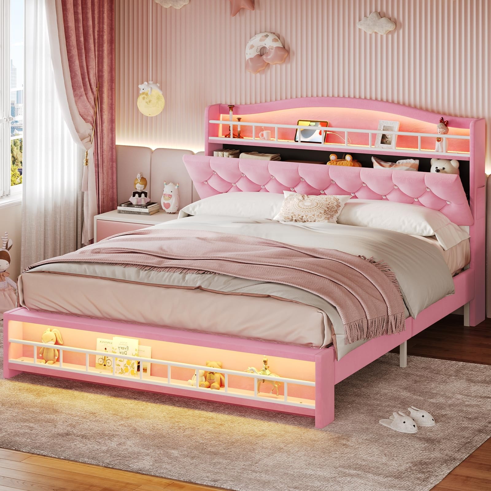 Afuhokles Full Size Bed with LED Lights and Charging Station ...