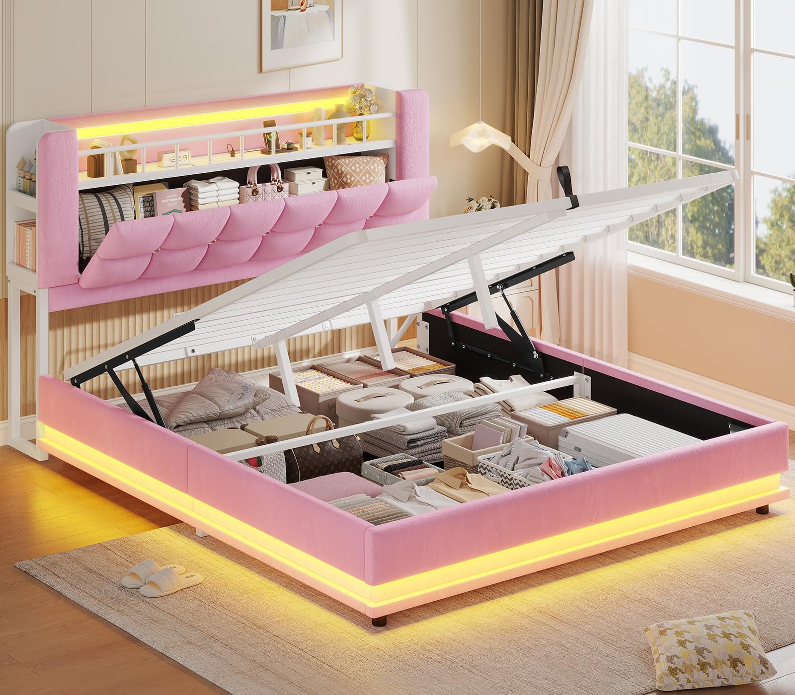 Afuhokles Full Size Lift Up Storage Bed with LED Lights and Storage ...