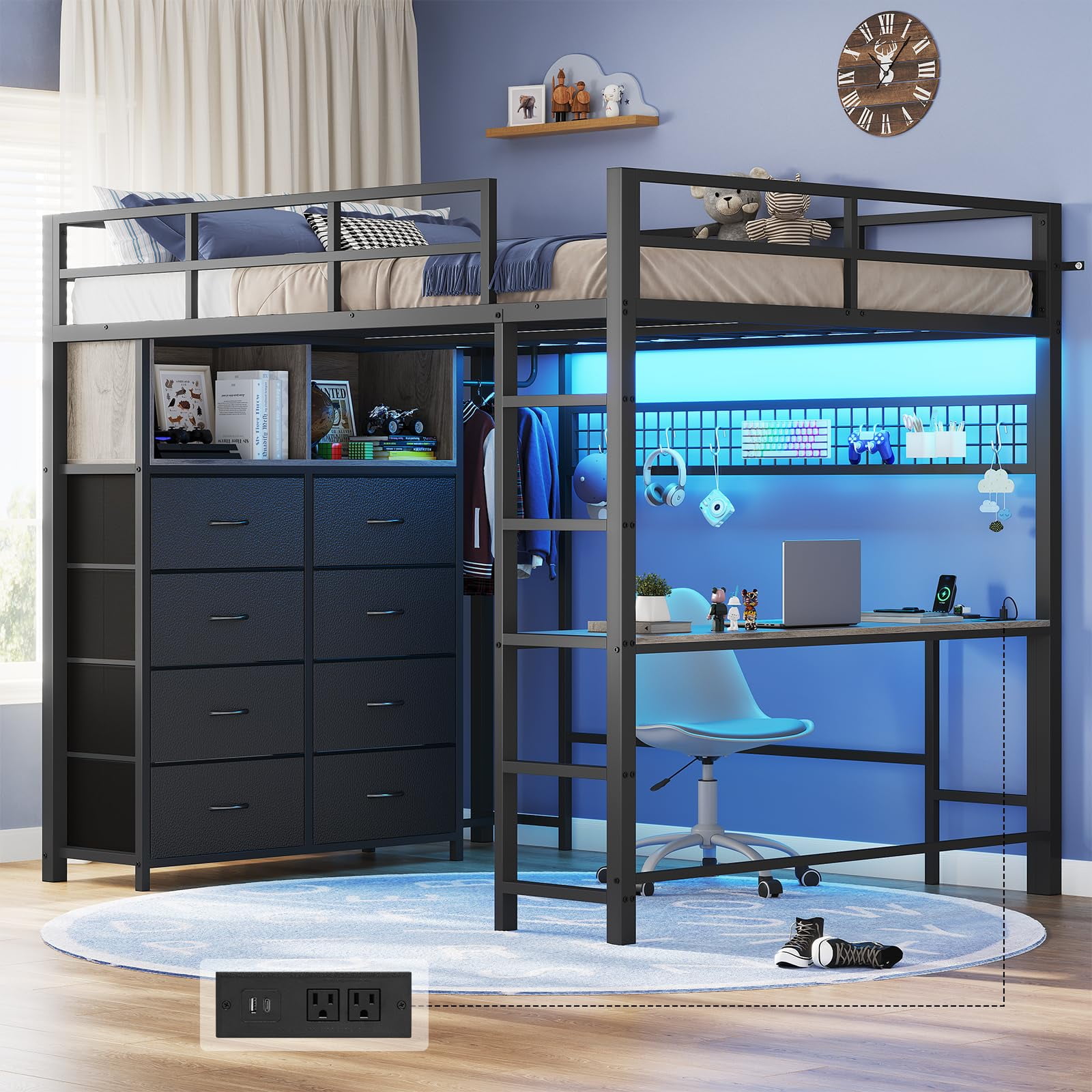 Afuhokles Full Size Loft Bed with Desk and 8 Storage Drawers, LED Metal ...