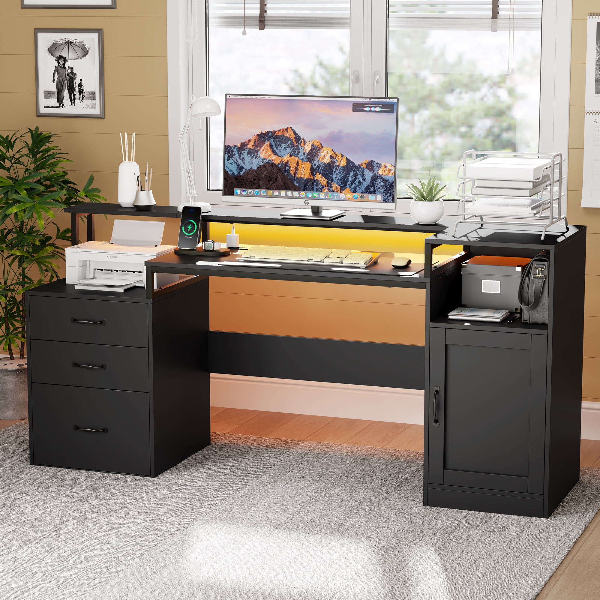 Afuhokles Home Office Computer Desk with File Drawer and Power Outlet ...