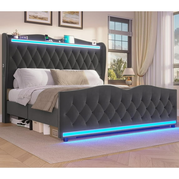 Afuhokles King Bed Frame with 5 Drawers and 2-Tier Storage Headboard ...