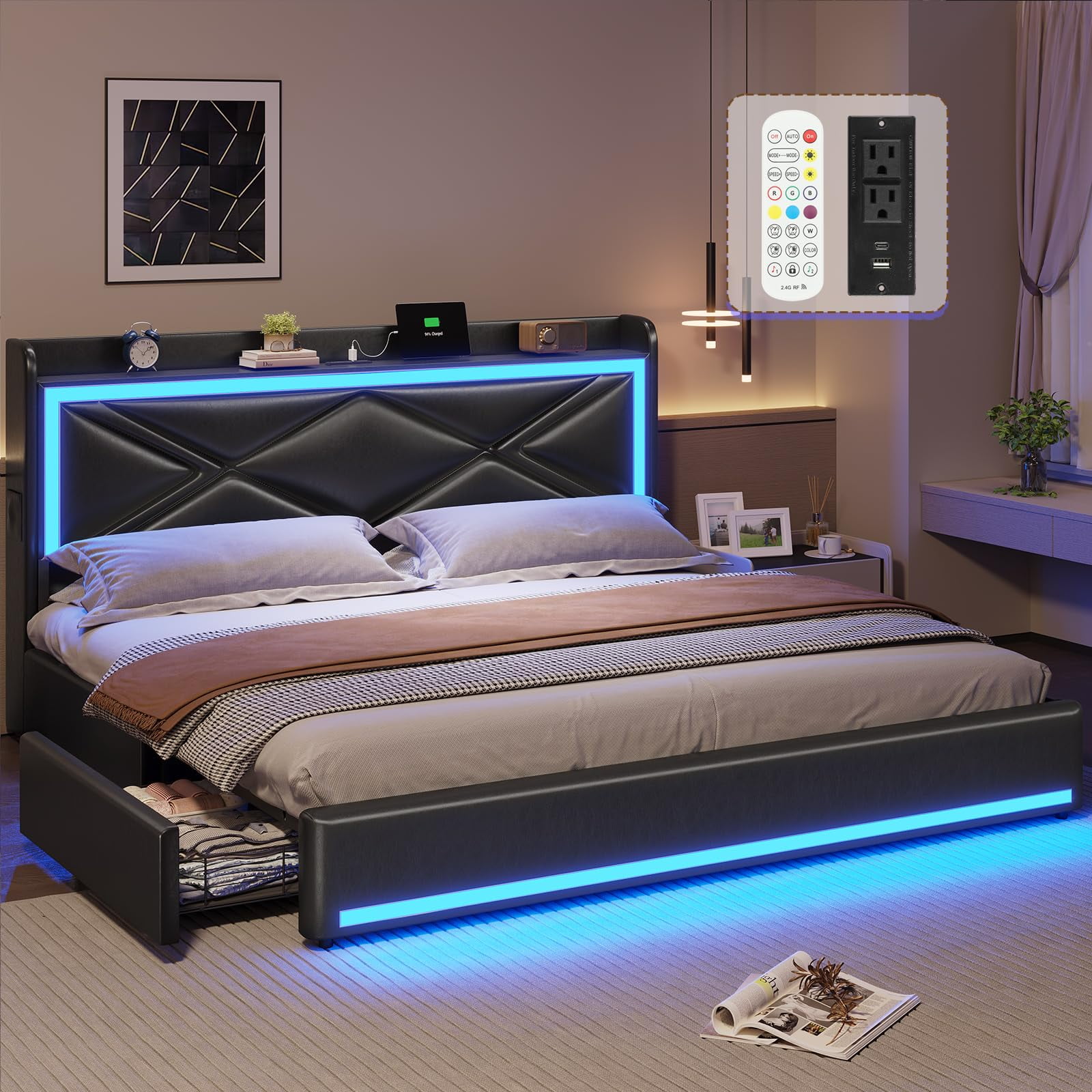 Afuhokles King Bed Frame with RGB LED Lights, USB-C/A Charging Station ...