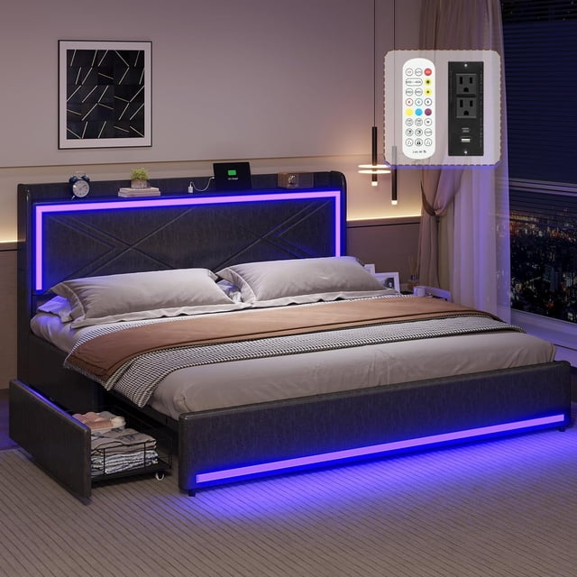 Afuhokles King Bed Frame with RGB LED Lights, USB-C/A Charging Station ...