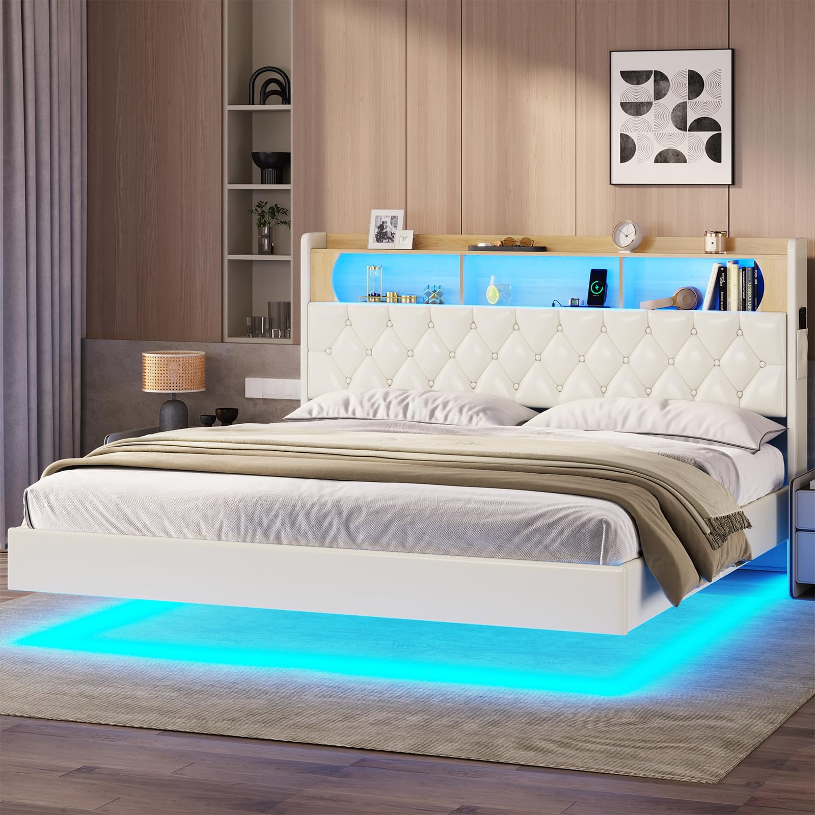 Afuhokles King Floating Bed Frame with LED Storage Headboard, Outlets ...