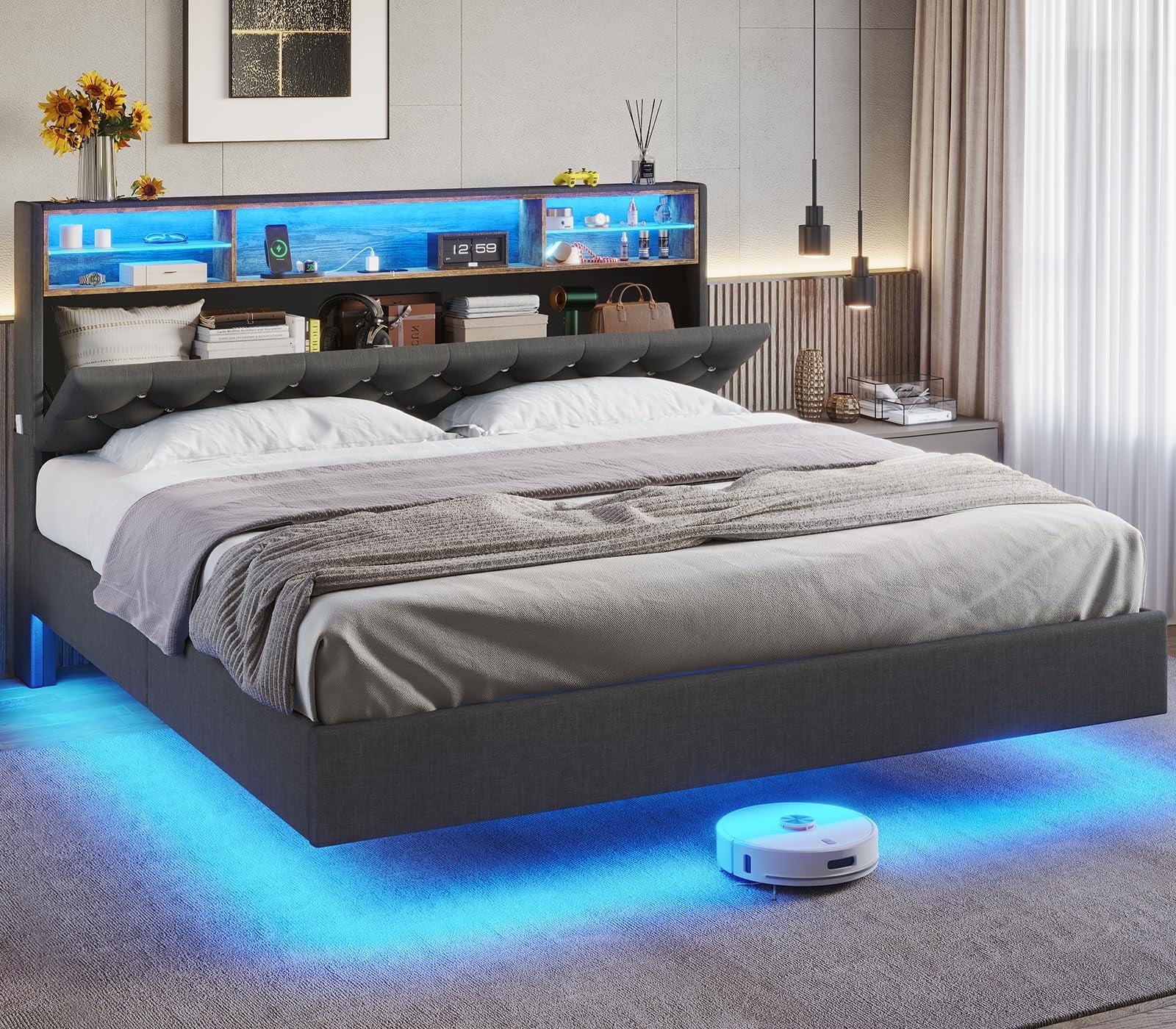 Afuhokles King Floating Bed Frame with Storage Headboard and LED Lights ...