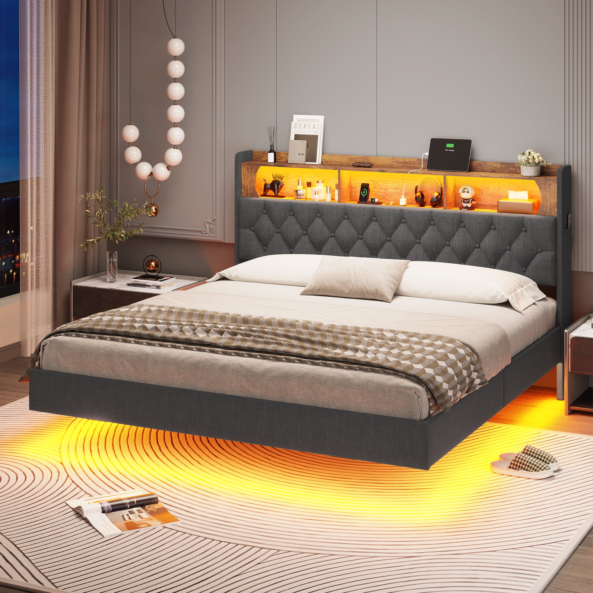 Afuhokles King Size Floating Bed Frame with LED Headboard Outlets and USB Ports Linen Upholstered Platform Bed with Storage Headboard Gray