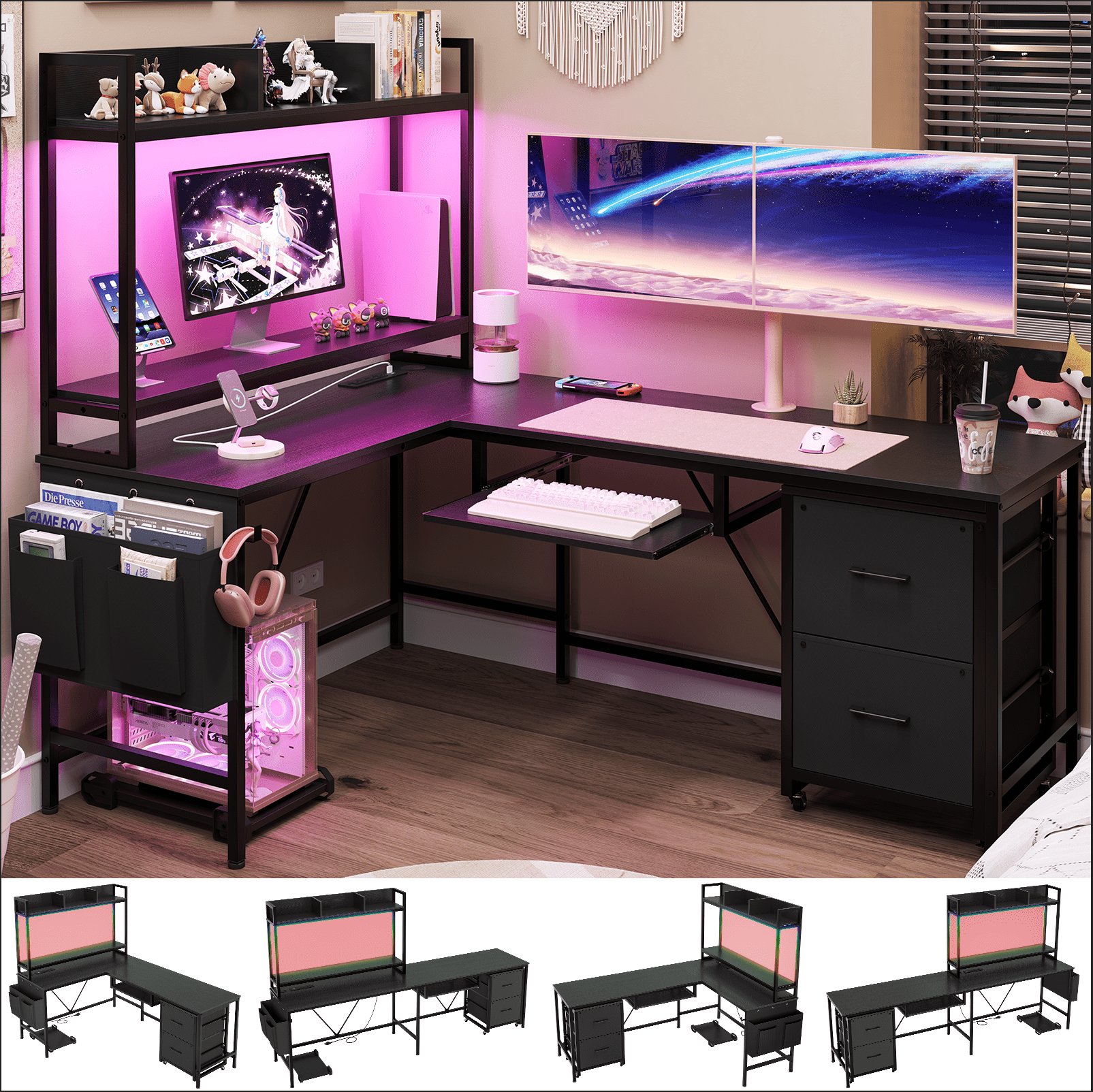 Afuhokles L Shape Power Outlet and LED Strip Black Computer Desk, Black ...