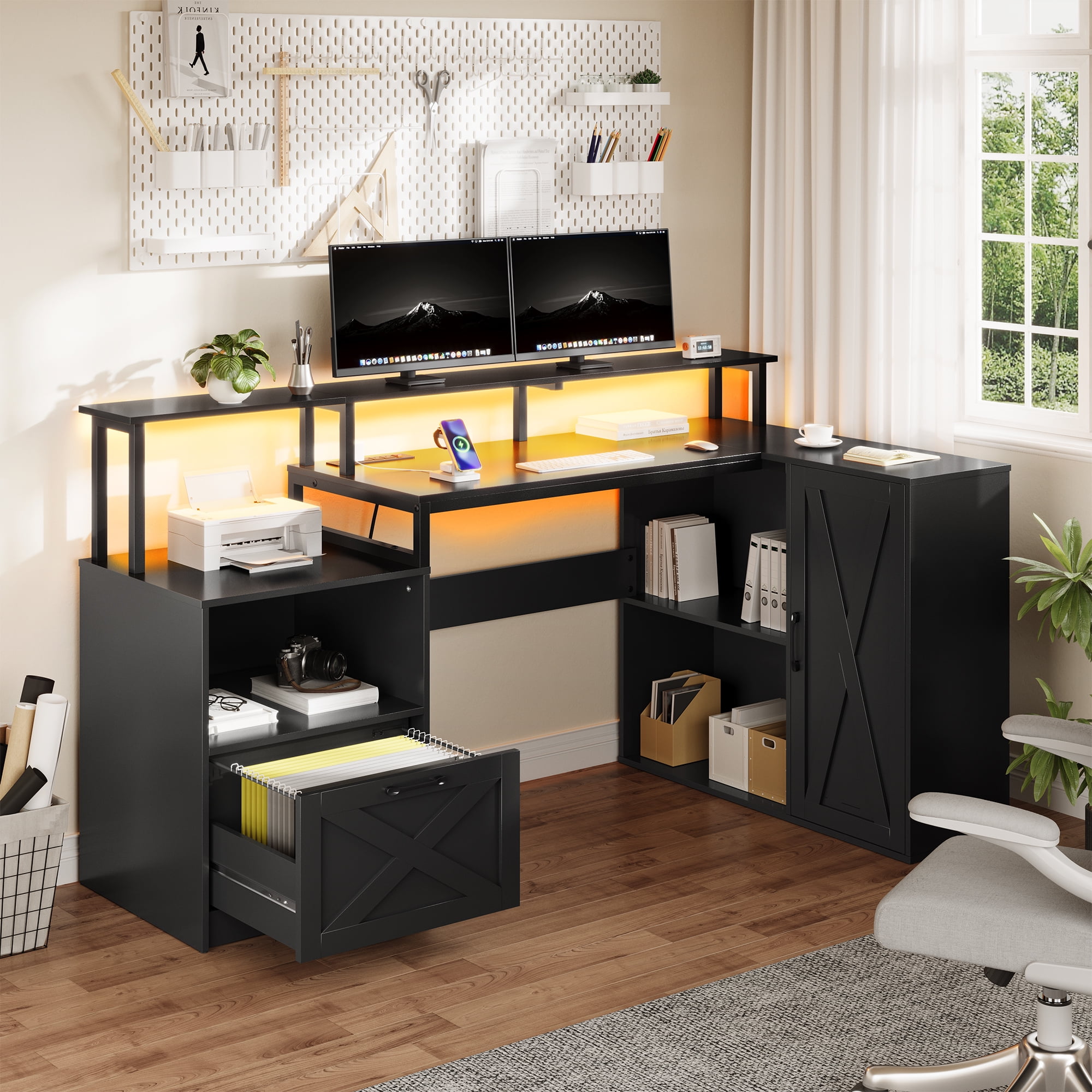 Afuhokles L-Shaped Gaming Desk, LED Computer Desk with Power Outlets ...