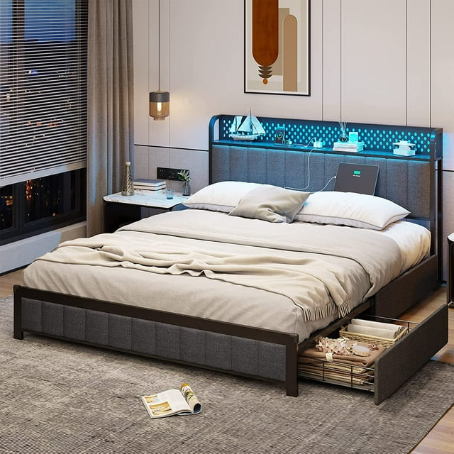 Afuhokles Full Size LED Bed Frame with Storage, USB Ports, No Squeak ...