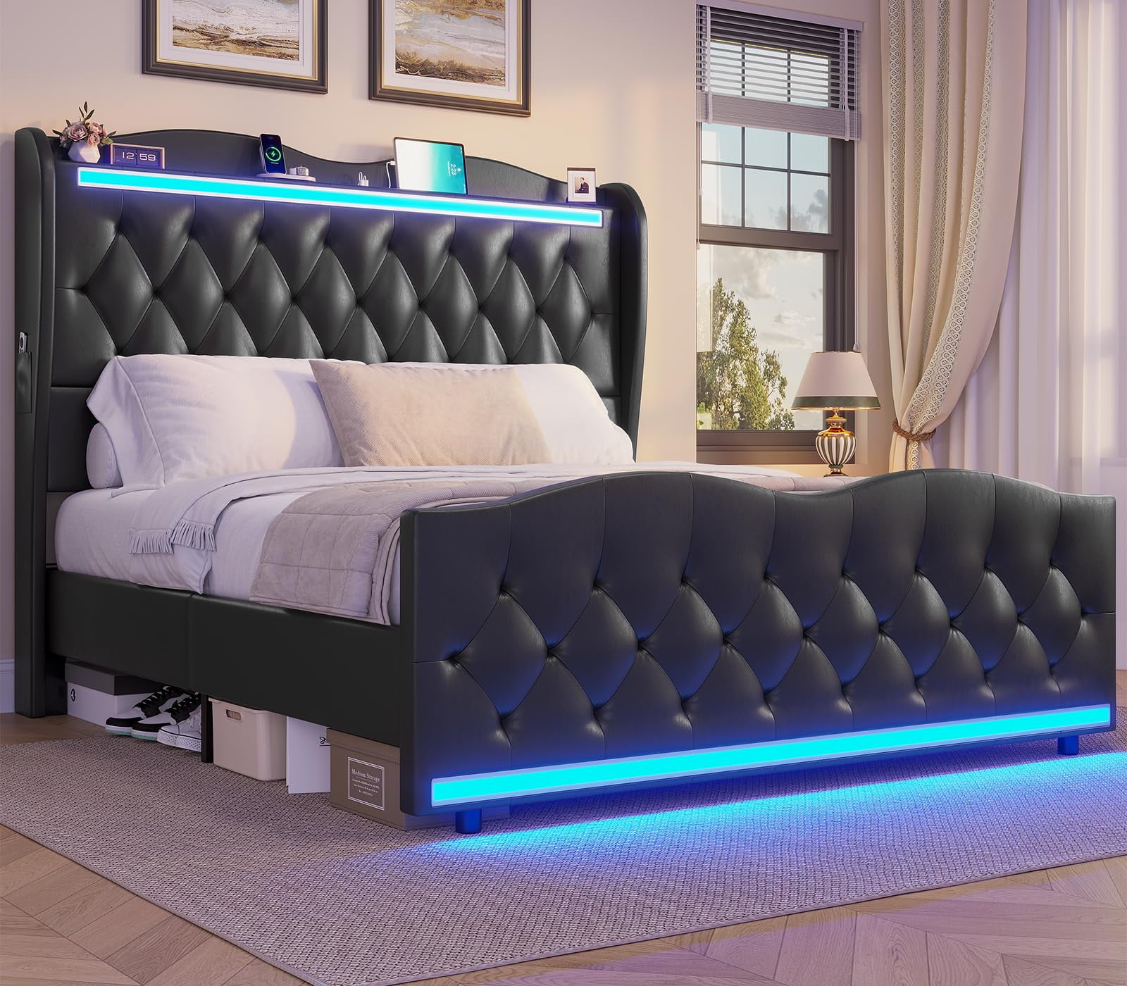 Afuhokles Queen Size LED Bed Frame, PU Leather Upholstery, Tall Storage ...
