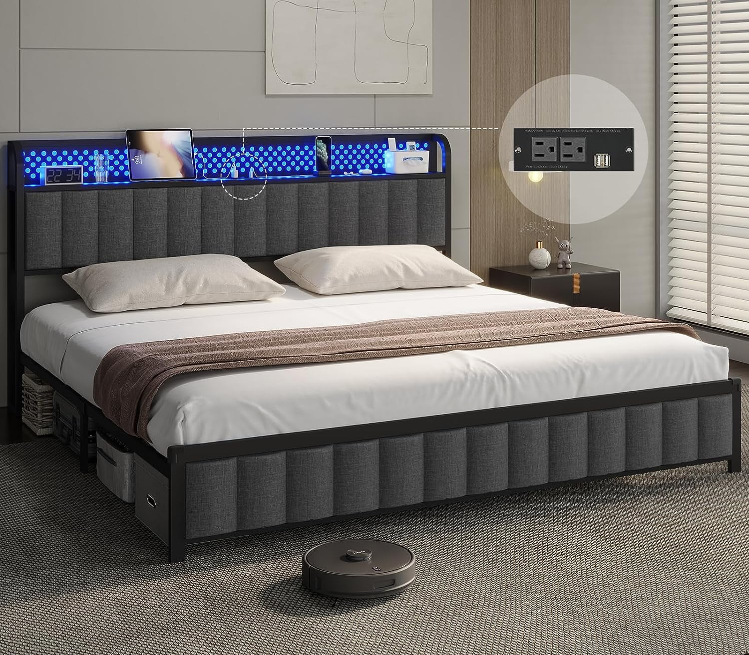 Afuhokles High Profile Padded King Size Bed Frame with LED Lights, USB ...