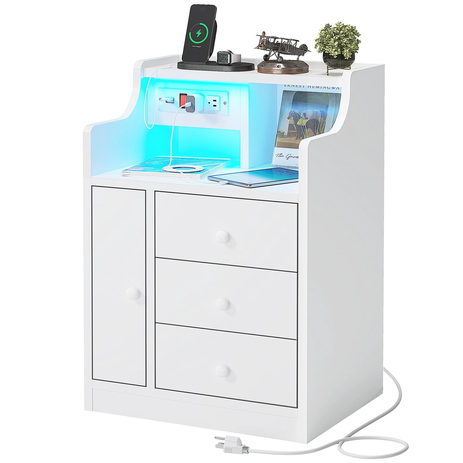 Afuhokles LED Nightstand with Charging Station USB Port, 3 Drawers ...
