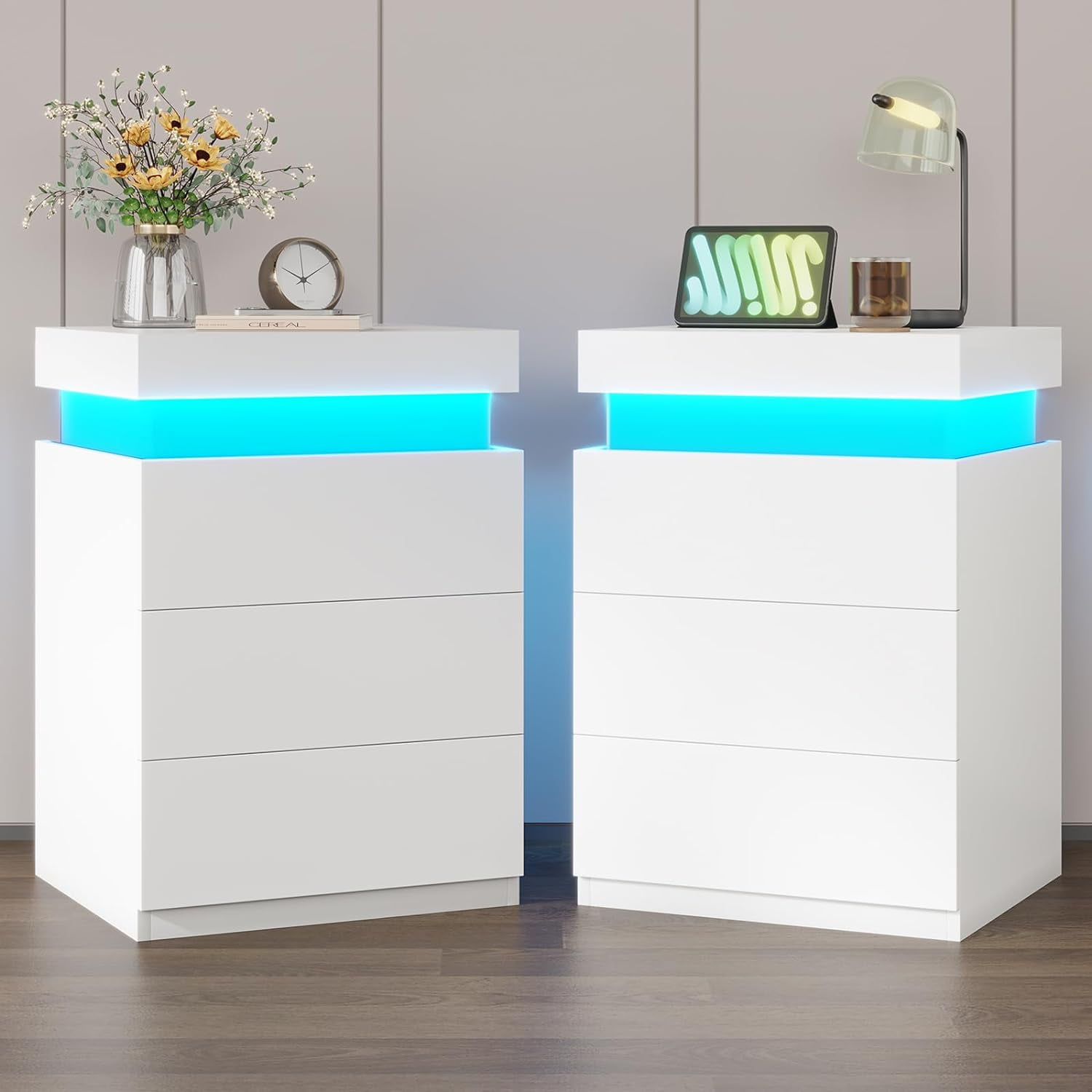 Afuhokles Set of 2 LED Nightstands with USB Ports, Charge Bed Light ...