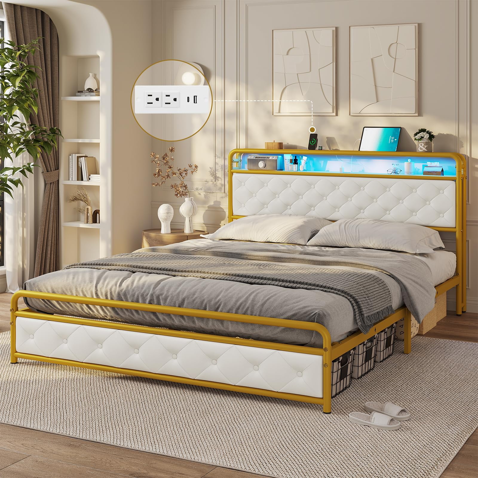 Afuhokles Queen LED Bed Frame with Storage Headboard, USB-C Charging ...