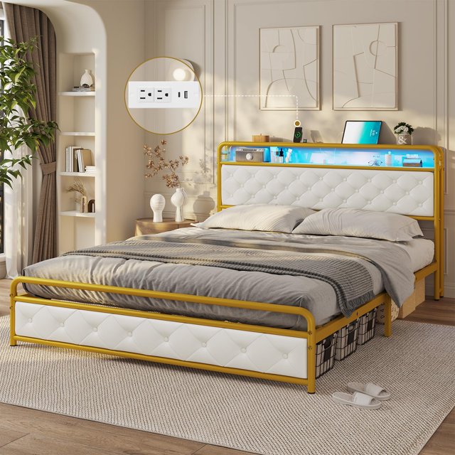 Afuhokles Queen LED Bed Frame with Storage Headboard, USB-C Charging ...