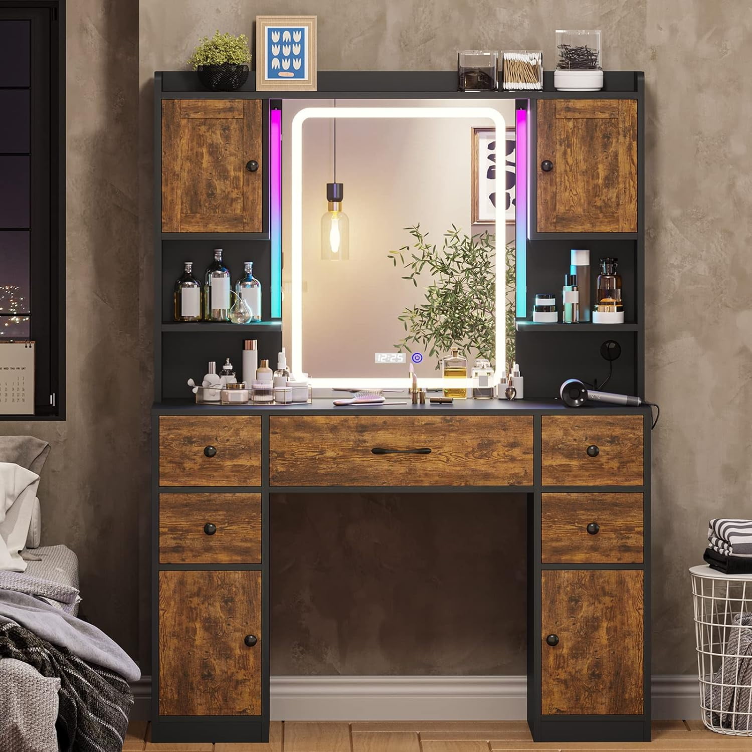 Afuhokles Vanity Desk with LED Mirror, 5 Drawers, USB Outlets, Charging ...