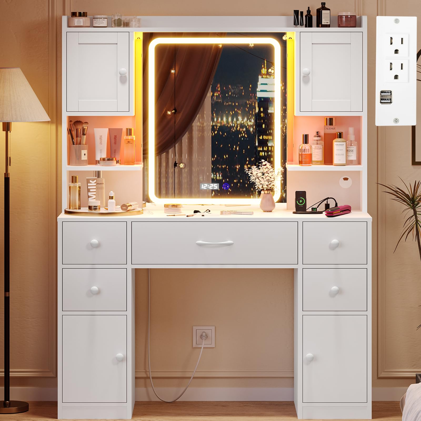 Afuhokles Vanity Table with Lighted Mirror and Charging Station, Makeup ...