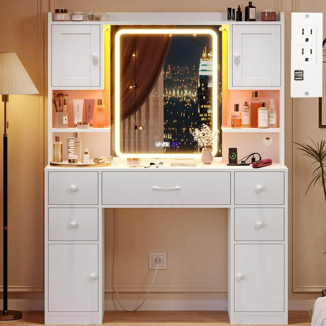 Afuhokles Modern Vanity Desk with LED Lighted Smart Mirror, 5 Drawers ...