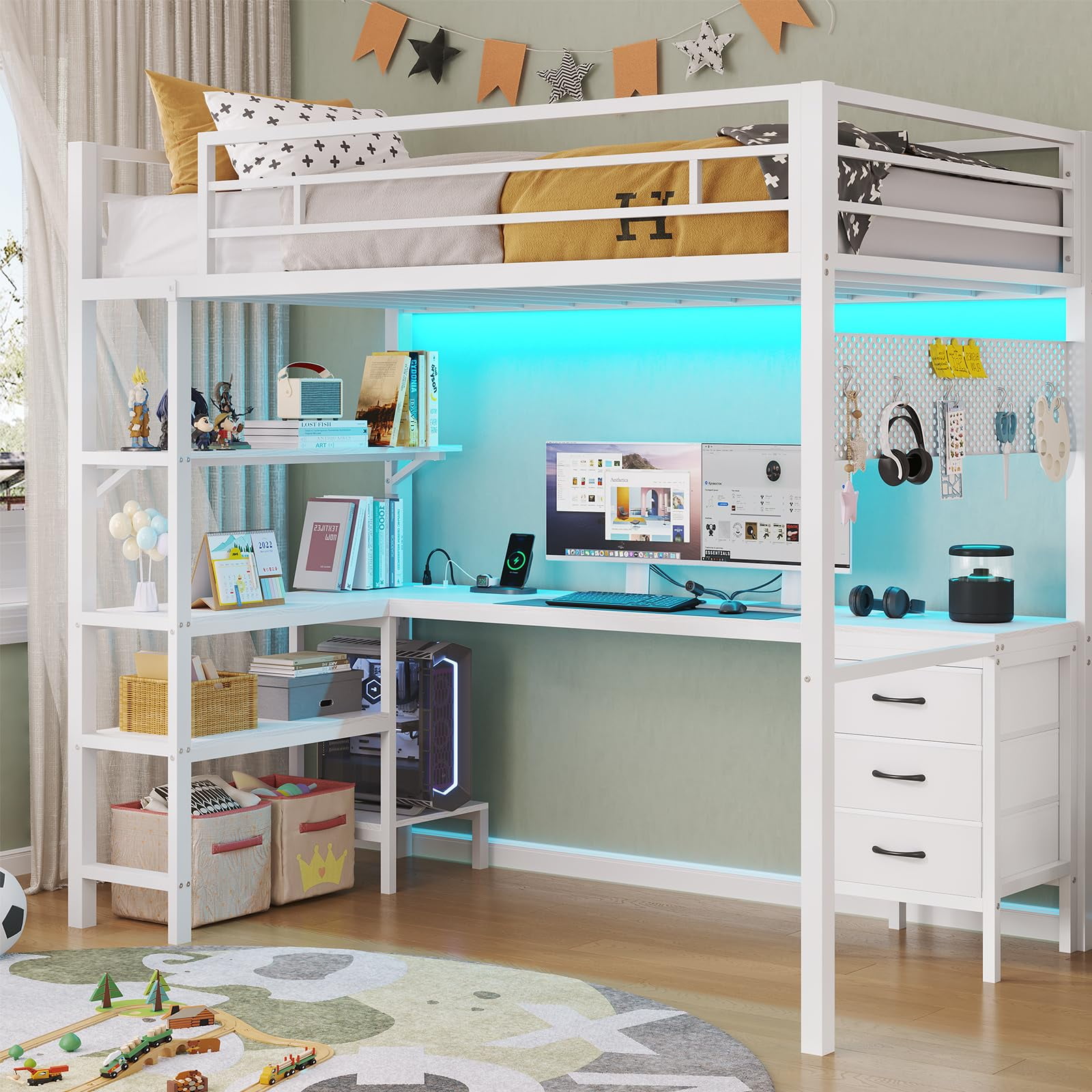 Afuhokles Loft Bed Twin Size with L-Shaped Desk and Charging Station ...