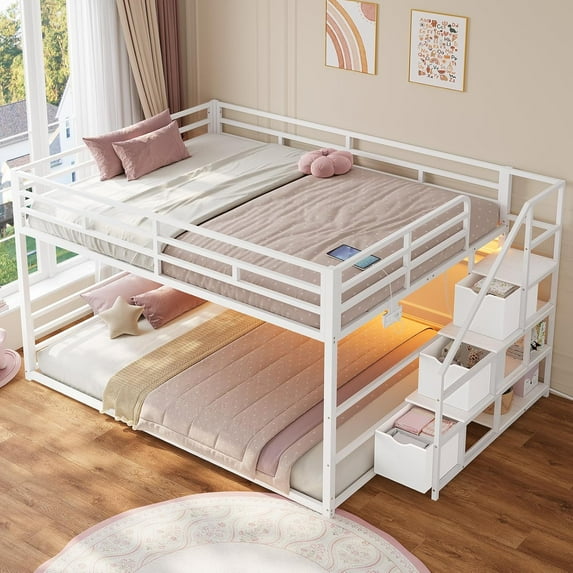 Afuhokles Low Bunk Bed Full Over Full with Storage Staircase, Drawers ...