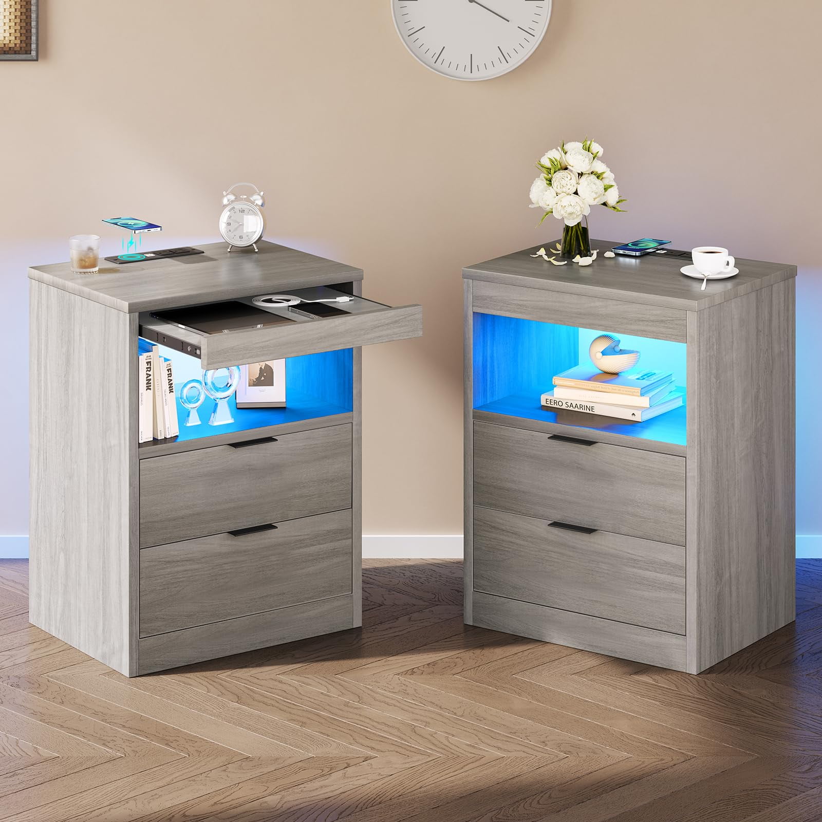Afuhokles 2-Drawer Nightstand Set with USB Ports, Wireless Charging ...