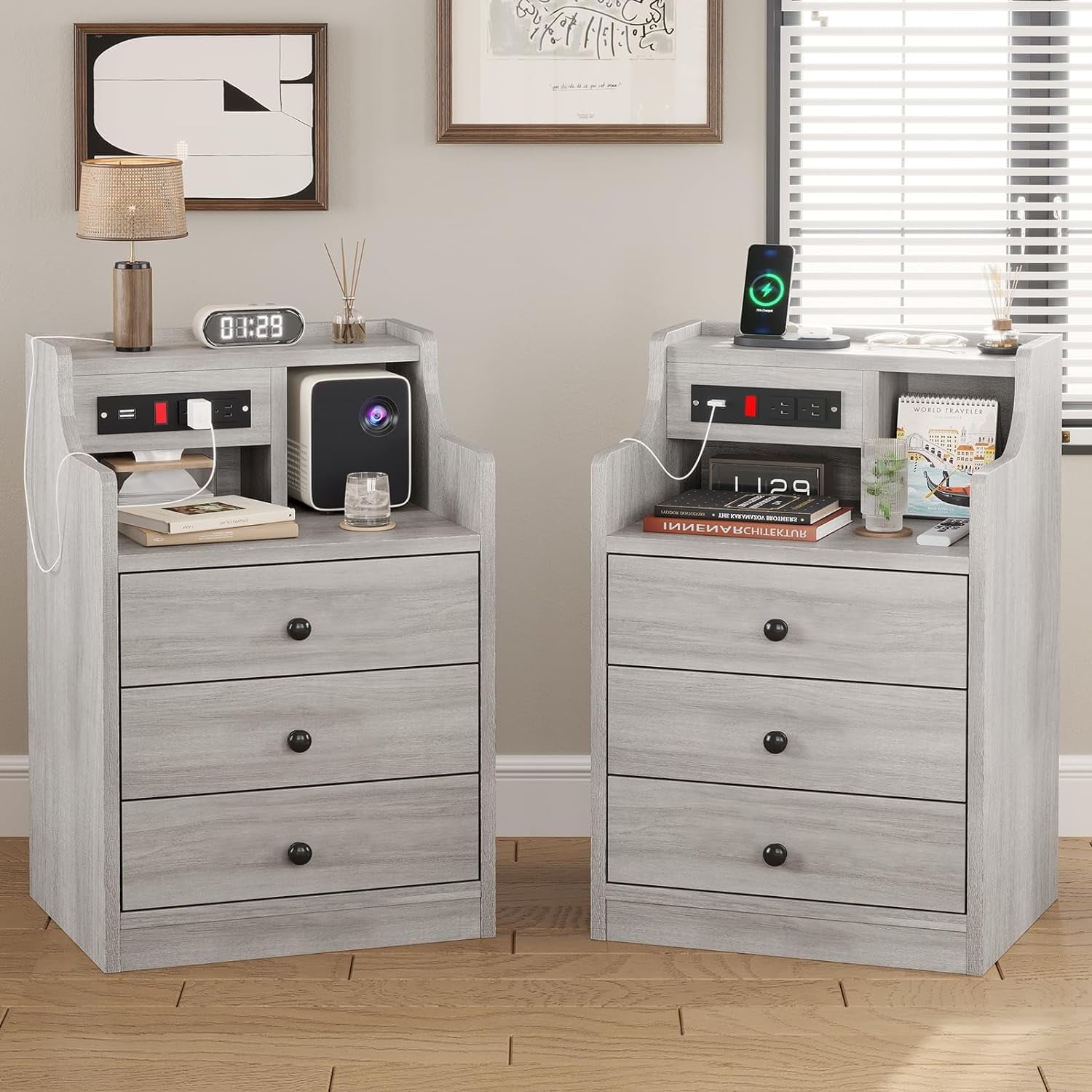 Afuhokles Nightstand Set of 2 with Charging Station, Night Stand with ...