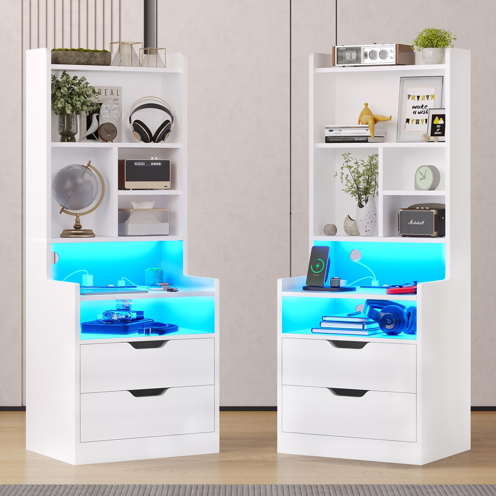 Afuhokles Tall Nightstand Set of 2 with USB Powered Charger, LED Lights ...