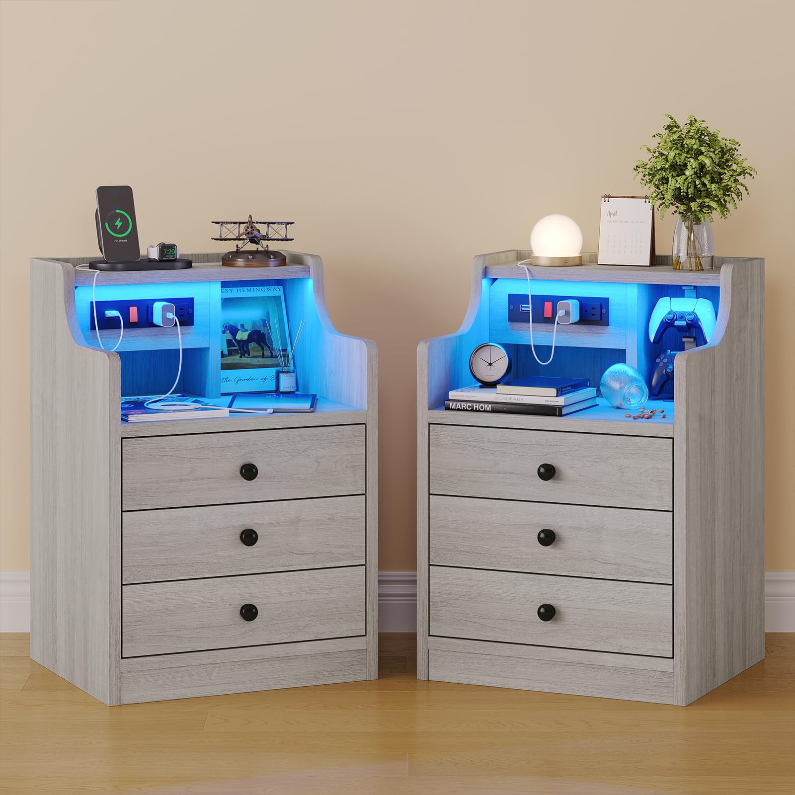 Afuhokles Set of 2 LED Grey Nightstands with Charging Station and ...