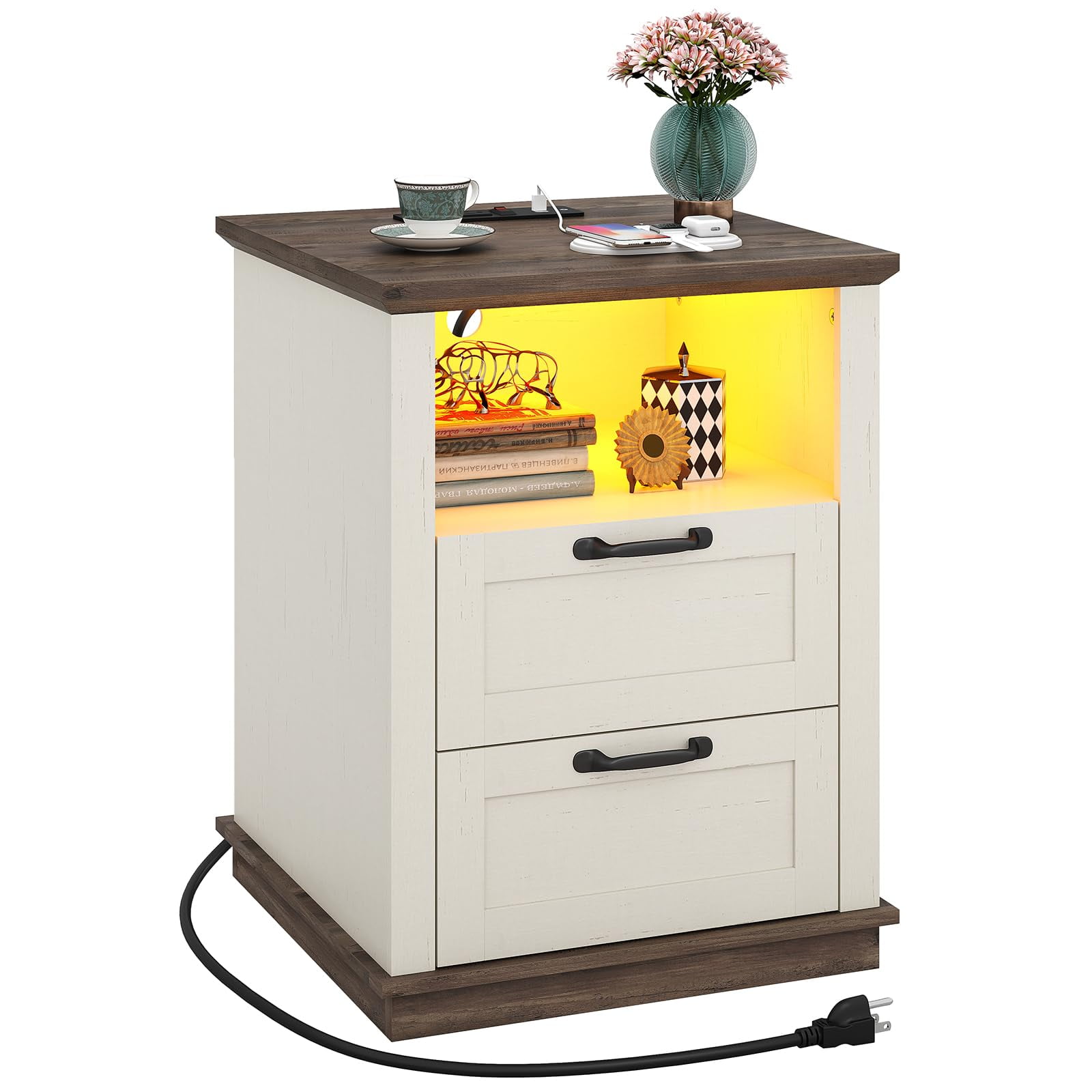 Afuhokles LED Nightstand with Charging Station, Bedroom Power Plugs ...
