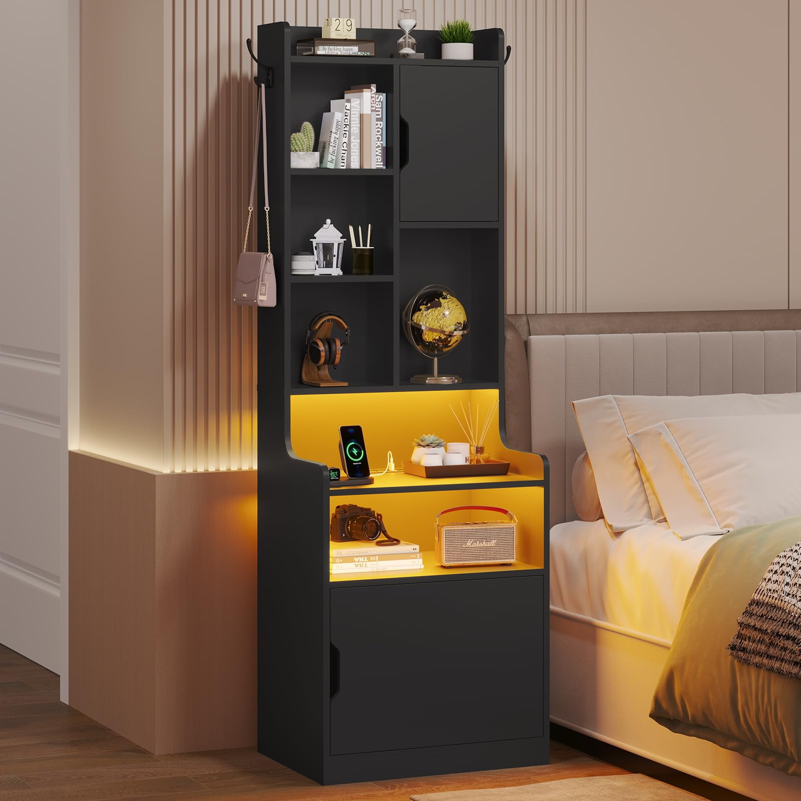 Afuhokles Tall Nightstand with Charging Station, LED Lights, Shelves ...