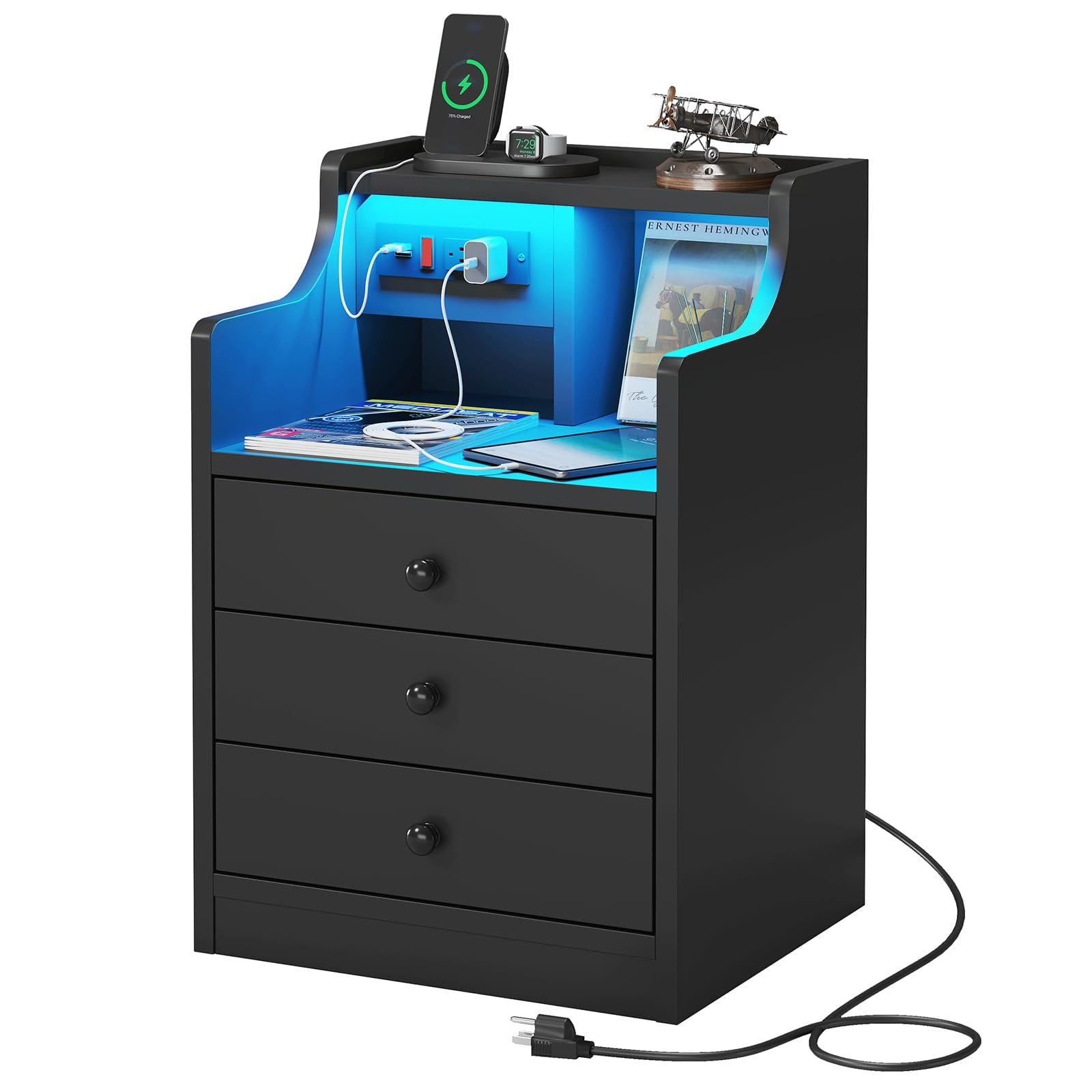 Afuhokles Nightstand with Charging Station and LED Lights,Night Stand ...