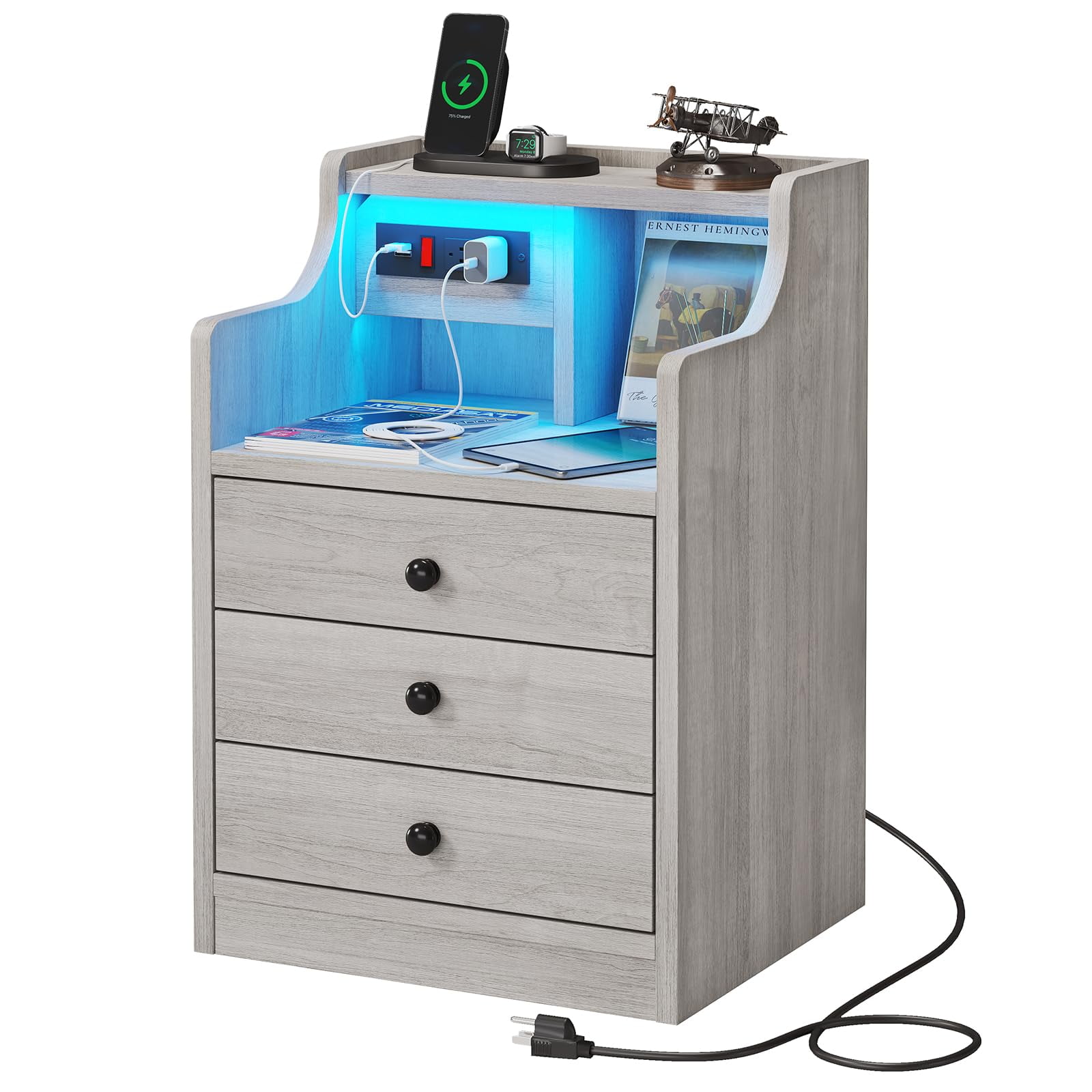 Afuhokles Nightstand with Charging Station and LED Lights,Night Stand ...