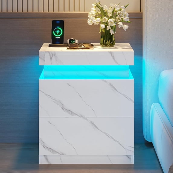 Afuhokles Nightstand with Charging Station and LED Lights, Night Stand ...