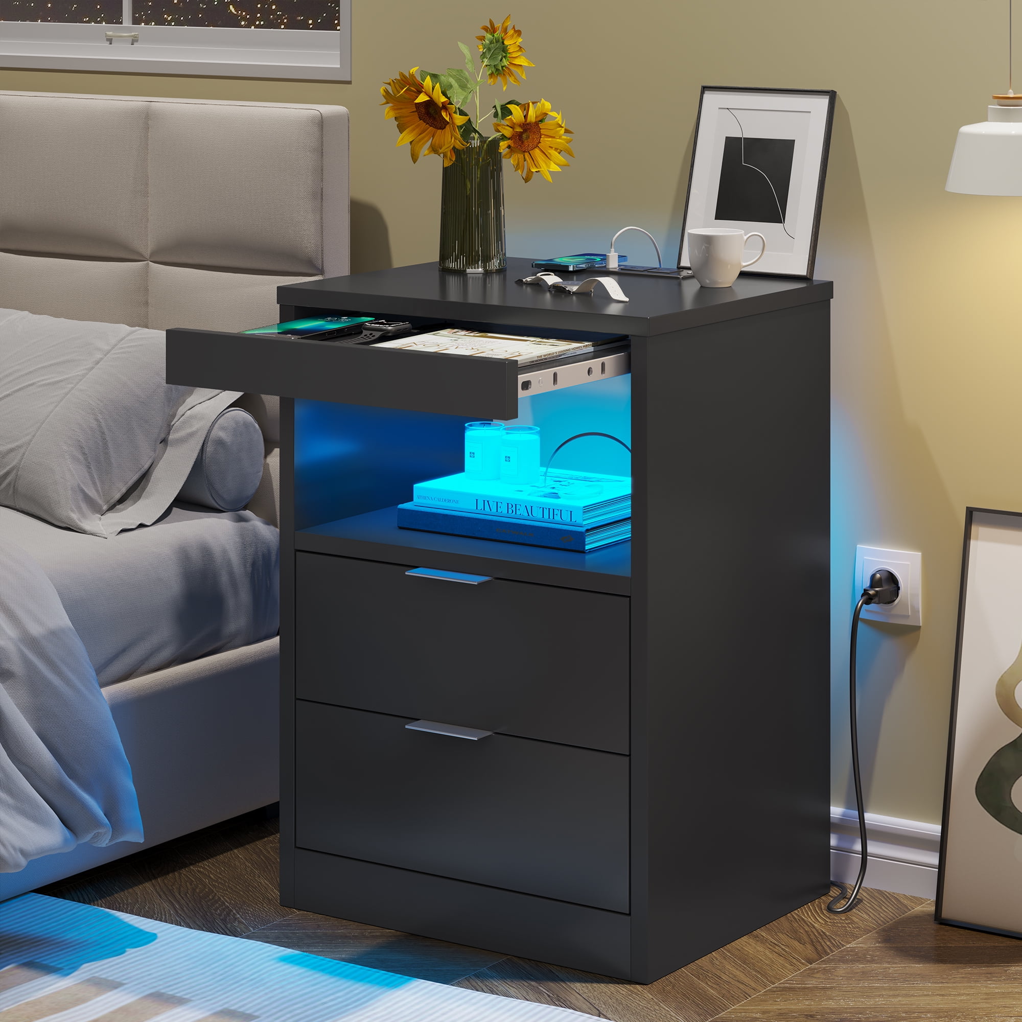 Afuhokles Nightstand with LED Lights, 2 USB Ports, Power Outlet ...