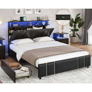 Dextrus Queen Size Platform Bed Frame with LED Light, 4 Drawers, USB ...