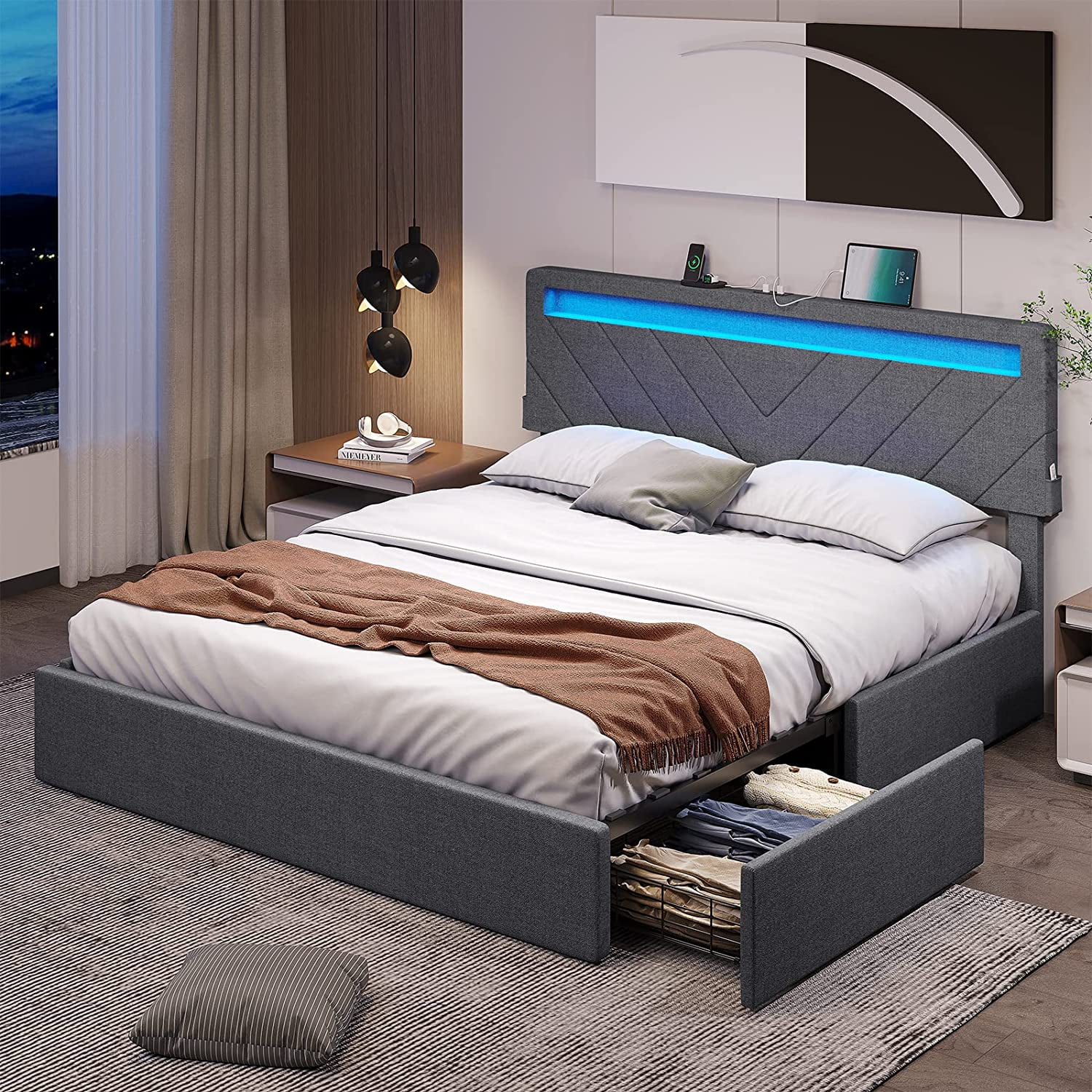 Afuhokles Queen LED Bed Frame with Storage Drawers, USB Charging ...