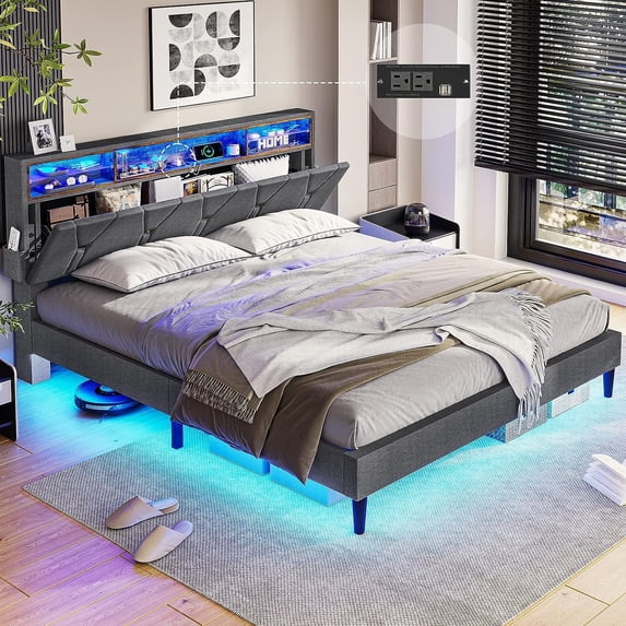 Afuhokles Queen Bed Frame with LED, Upholstered Platform, Outlets & USB ...
