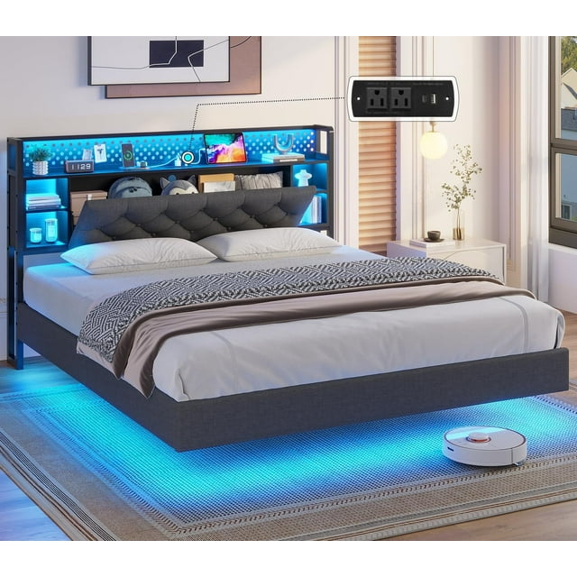Afuhokles Queen Size Floating Bed Frame with Storage Headboard and ...