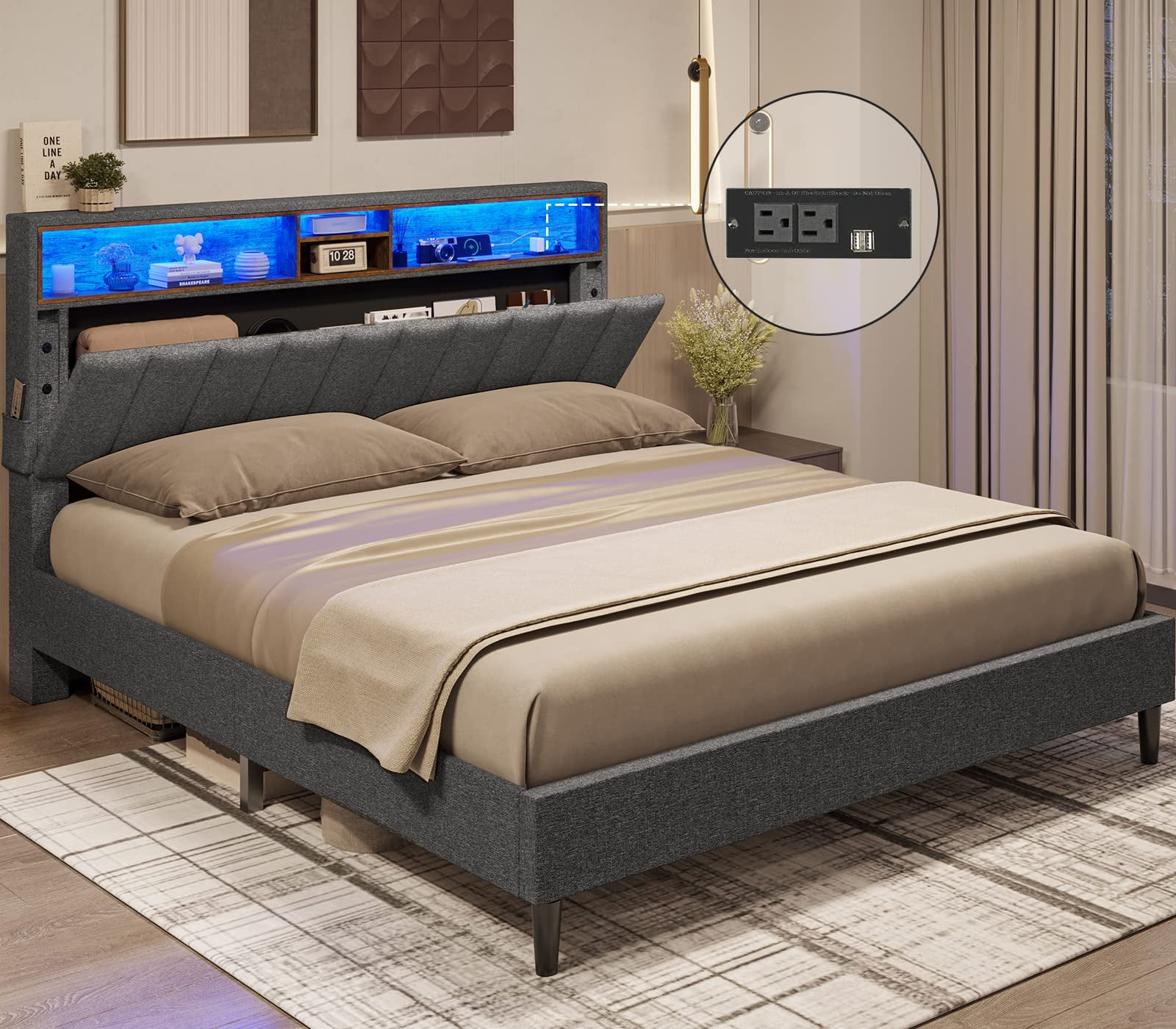 Afuhokles Queen Size LED Bed Frame with Charging Station, Fabric ...