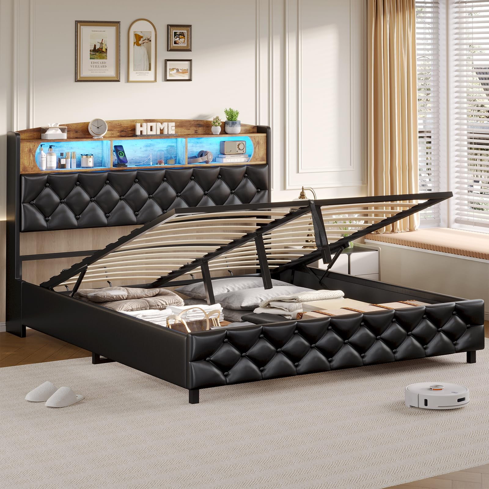 Afuhokles Queen Size Lift Up Storage Bed Frame with LED Storage ...