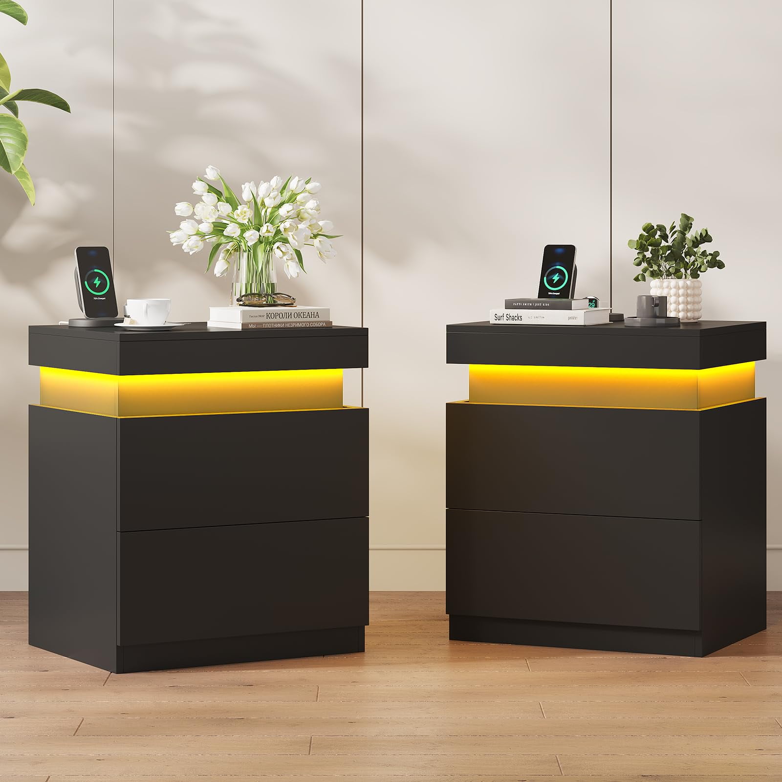 Afuhokles Set of 2 Black Nightstand with Charging Station and LED ...